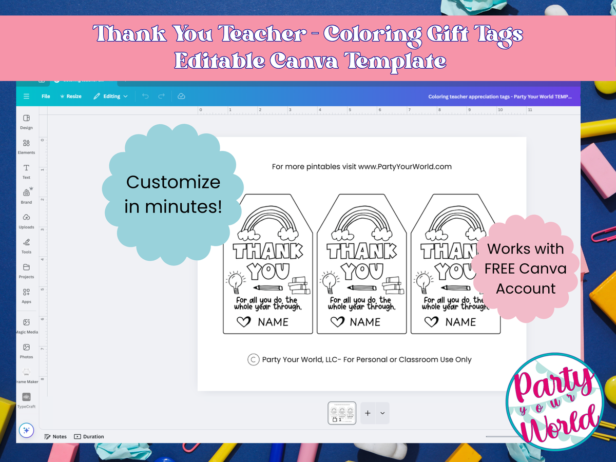 Editable Teacher Gift Tags – Printable Color-Your-Own Design – Party ...
